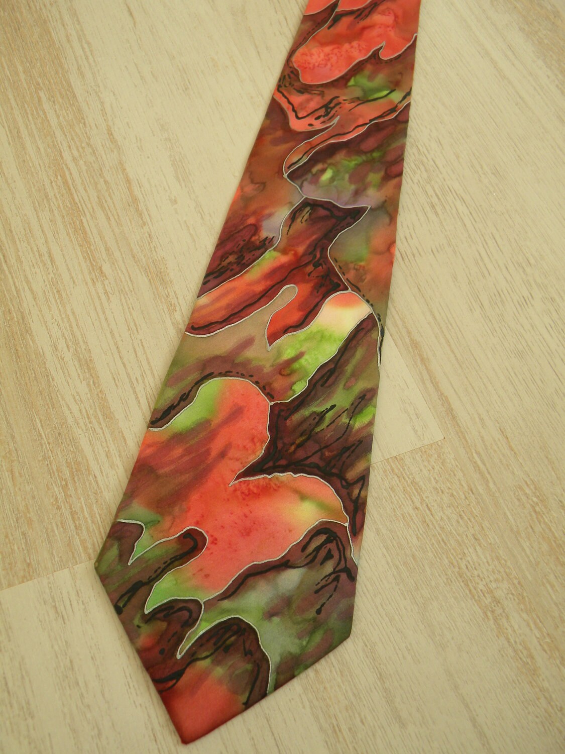 Hand Painted Abstract Silk Tie in Shades of Green Brown Red - Etsy
