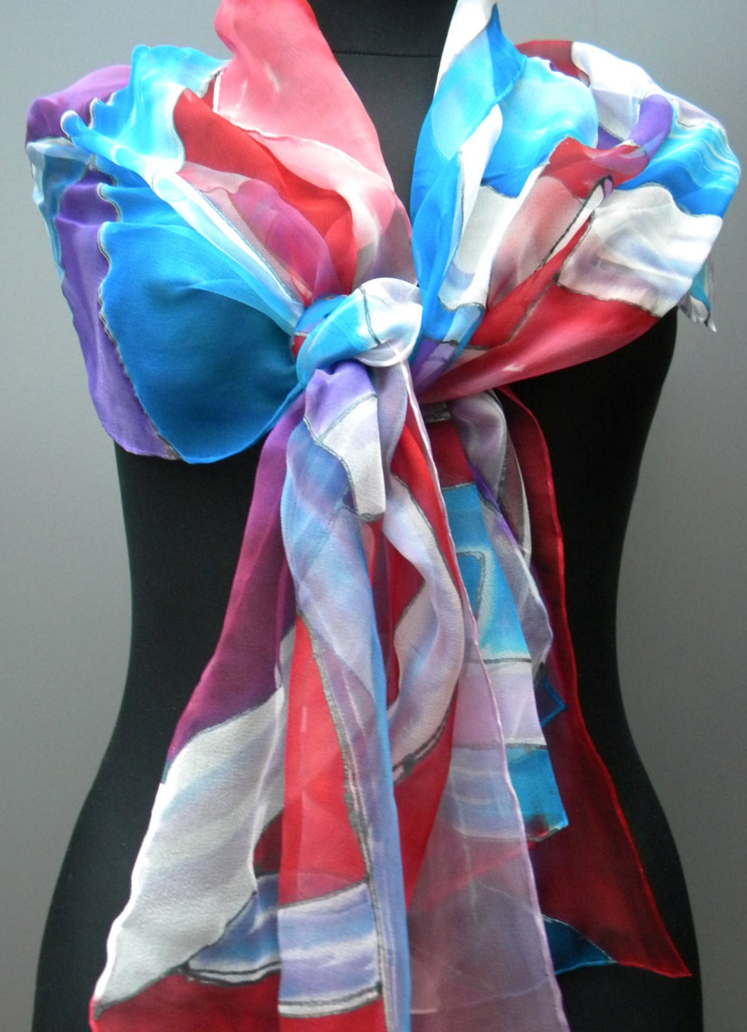 Blue Red White Tricolore Scarf. Hand Painted Abstract Chiffon Scarf in ...