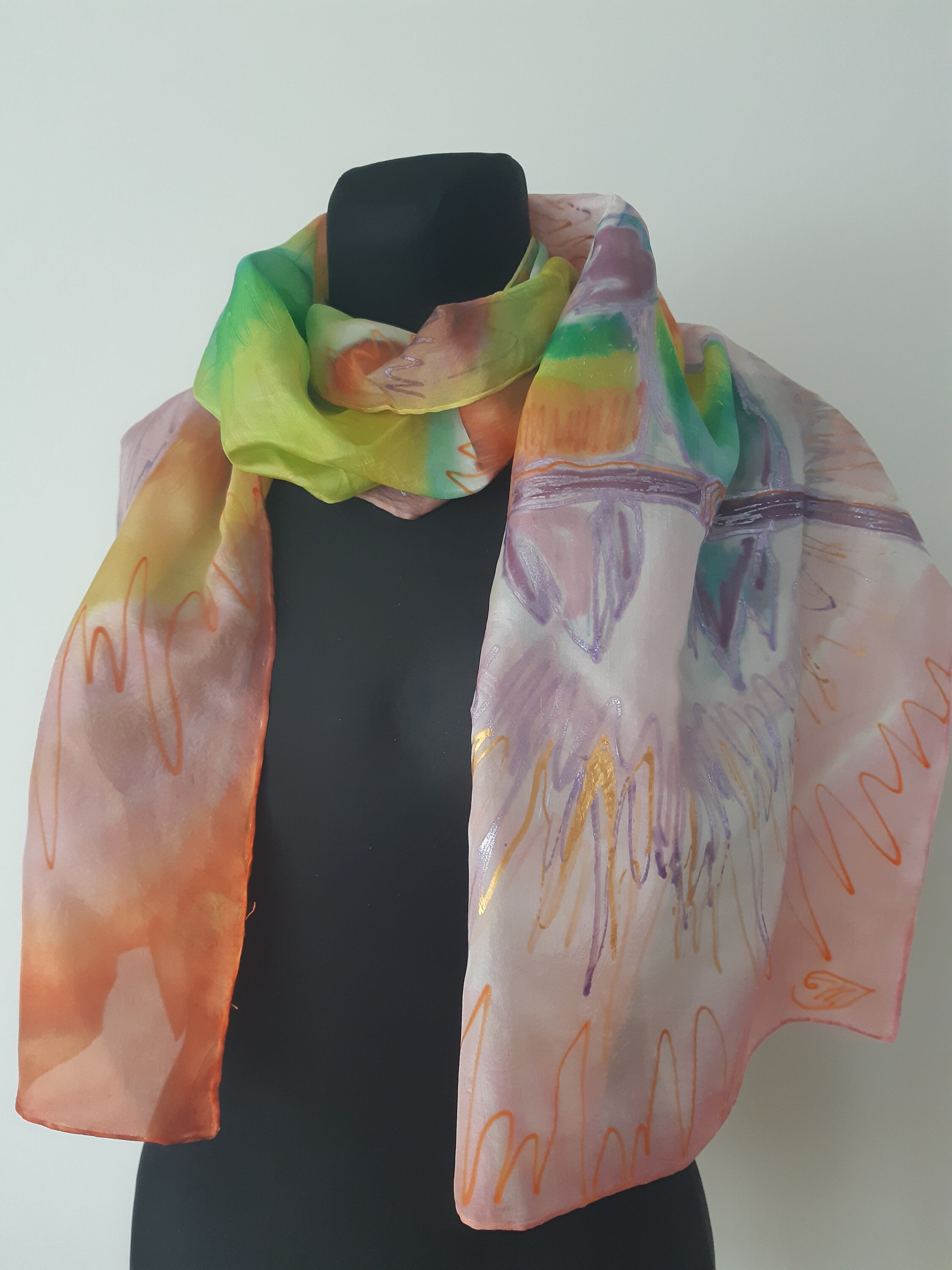 Rainbow Silk Scarf With Lovebirds. Multicolor Shiny Art Scarf - Etsy