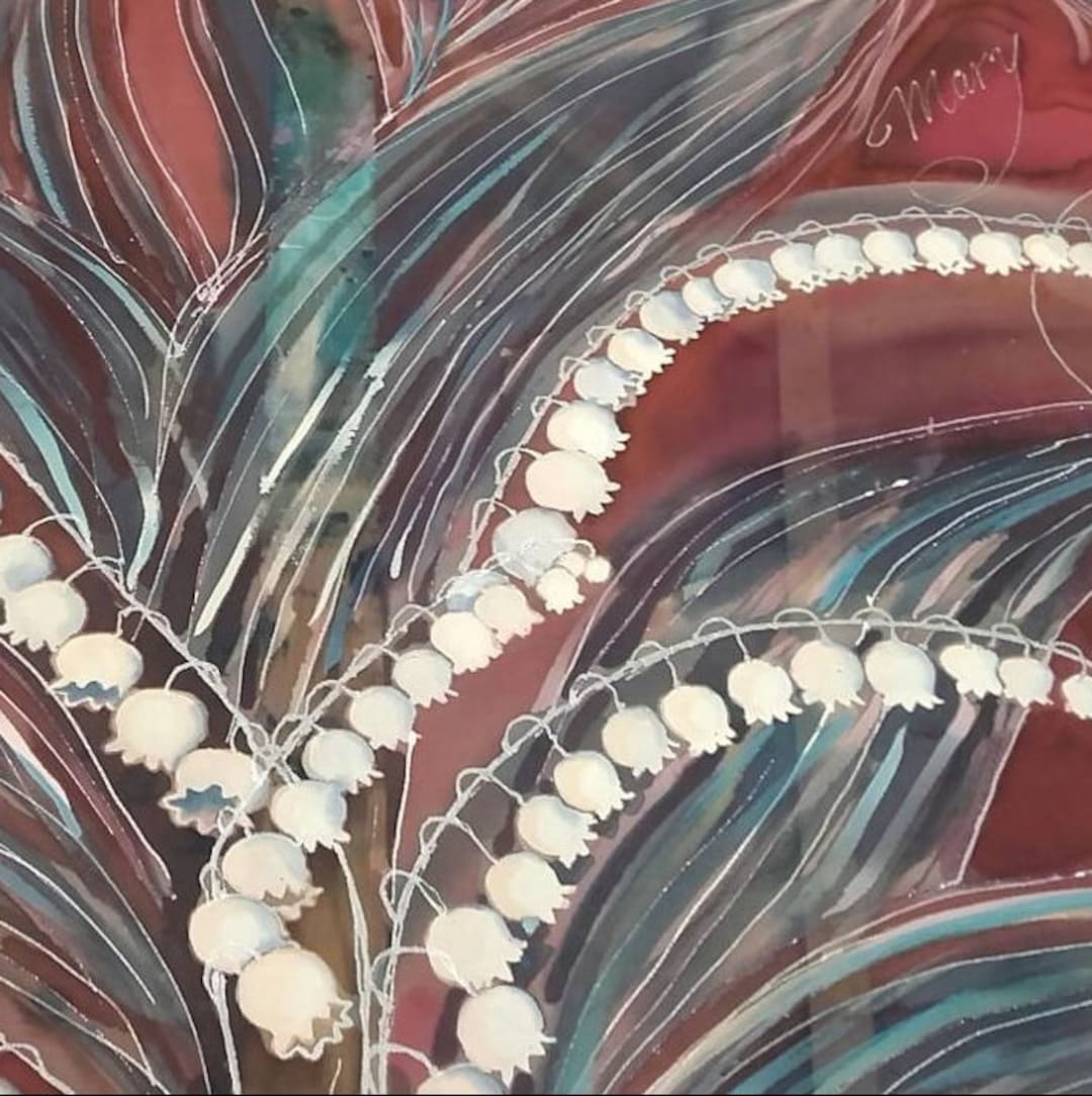 Hand Painted Lily of the Valley Silk Chiffon Scarf: Burgundy Blue White ...