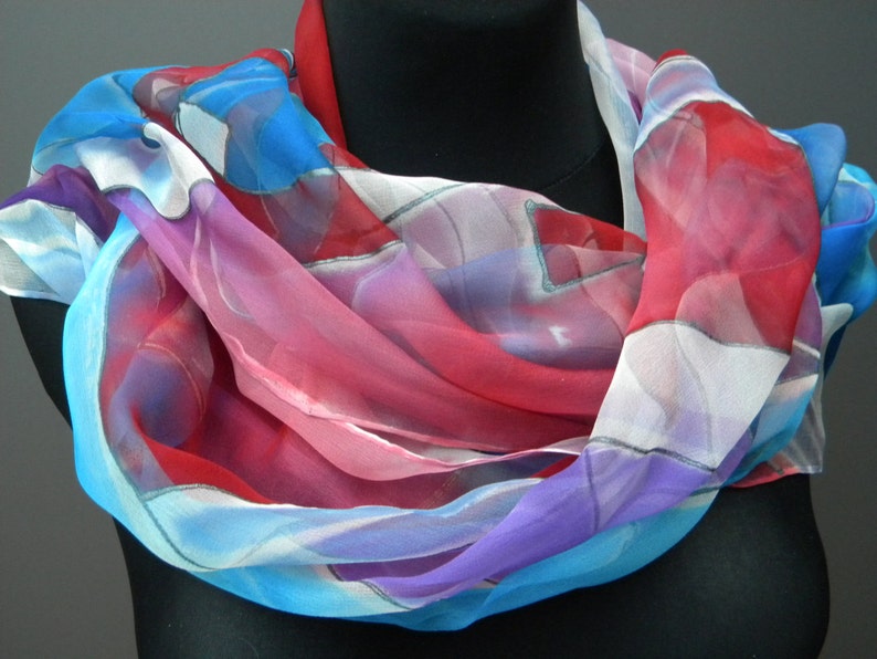 Blue Red White Tricolore Scarf. Hand Painted Abstract Chiffon Scarf in ...