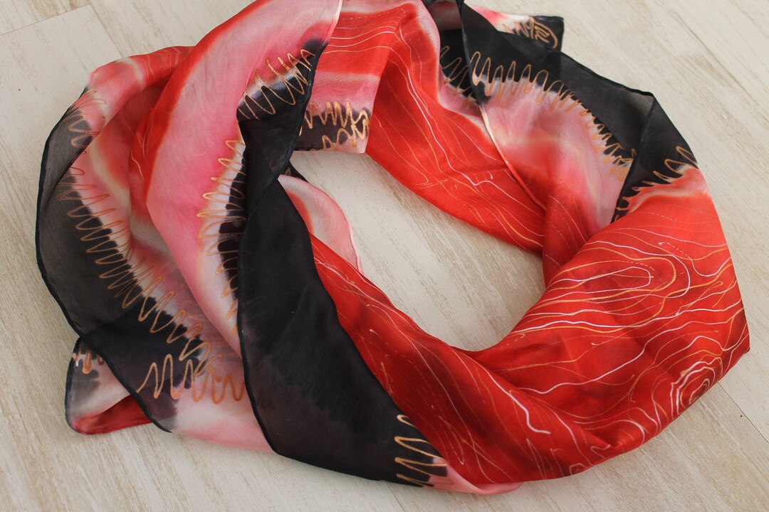 Black Red Pink White Elegant Feminine Handpainted Silk Scarf. OOAK ...
