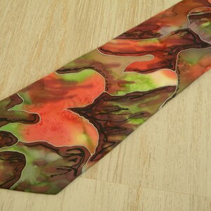 Hand Painted Abstract Silk Tie in Shades of Green, Brown, Red and Black ...