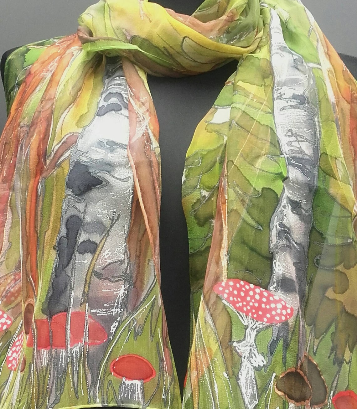 Art Silk Scarf. Forest Scarf. Trees Mushrooms Toadstools | Etsy