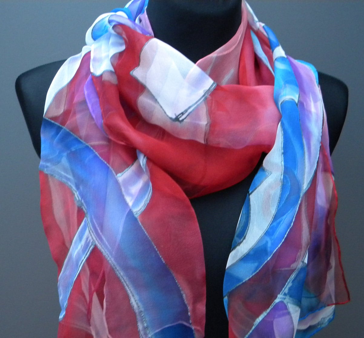 Blue Red White Tricolore Scarf. Hand Painted Abstract Chiffon - Etsy