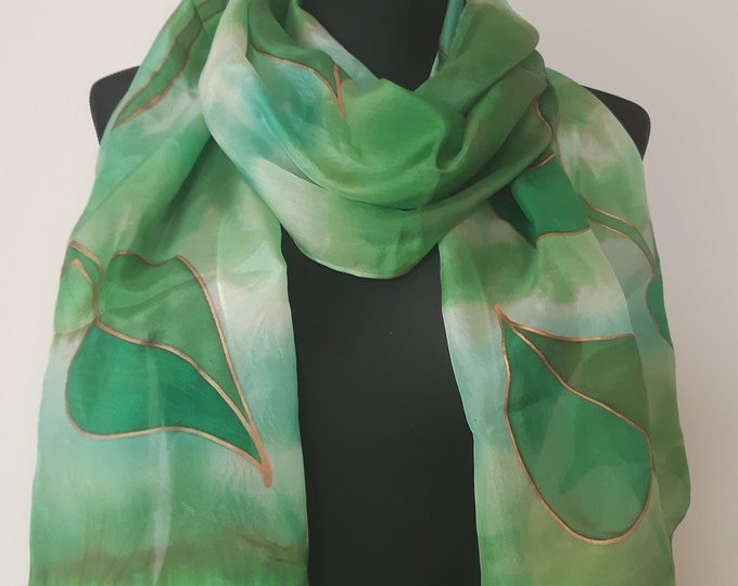 Green Leaves Hand Painted Silk Long Scarf. Gift for Her. Green - Etsy