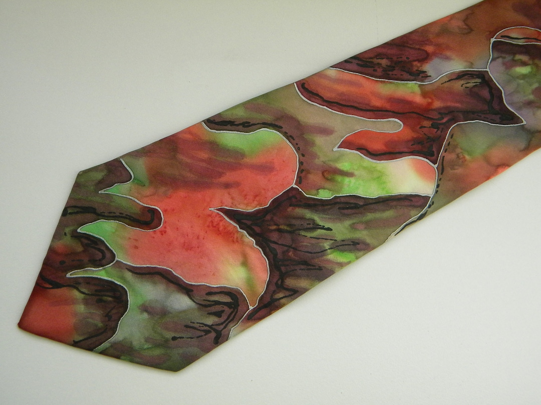 Hand Painted Abstract Silk Tie in Shades of Green, Brown, Red and Black ...