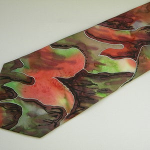 Hand Painted Abstract Silk Tie in Shades of Green, Brown, Red and Black ...