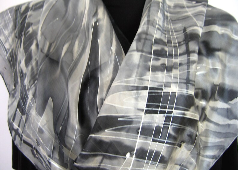 Black and White Shades of Grey Art Silk Scarf. Elegant Hand Painted ...