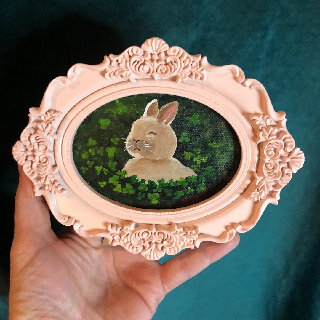 Sunbathing Rabbit Painting – Pink Oval Framed Miniature Original Art - Etsy