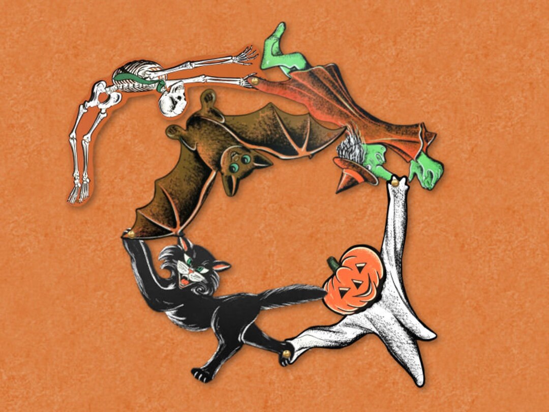 Printable Vintage Halloween Rare Bat Cat Ghost Witch Skeleton Banner ...