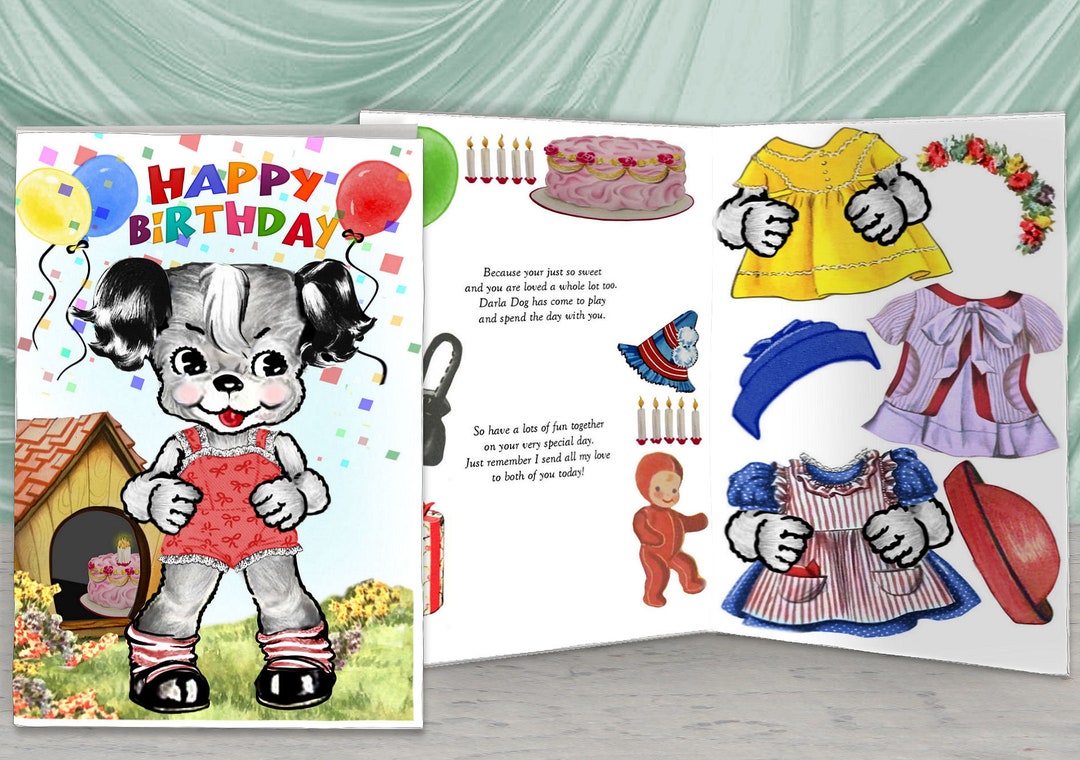 Birthday Paper Doll Card Darla Dog Doll & Cloths Birthday Card Vintage ...