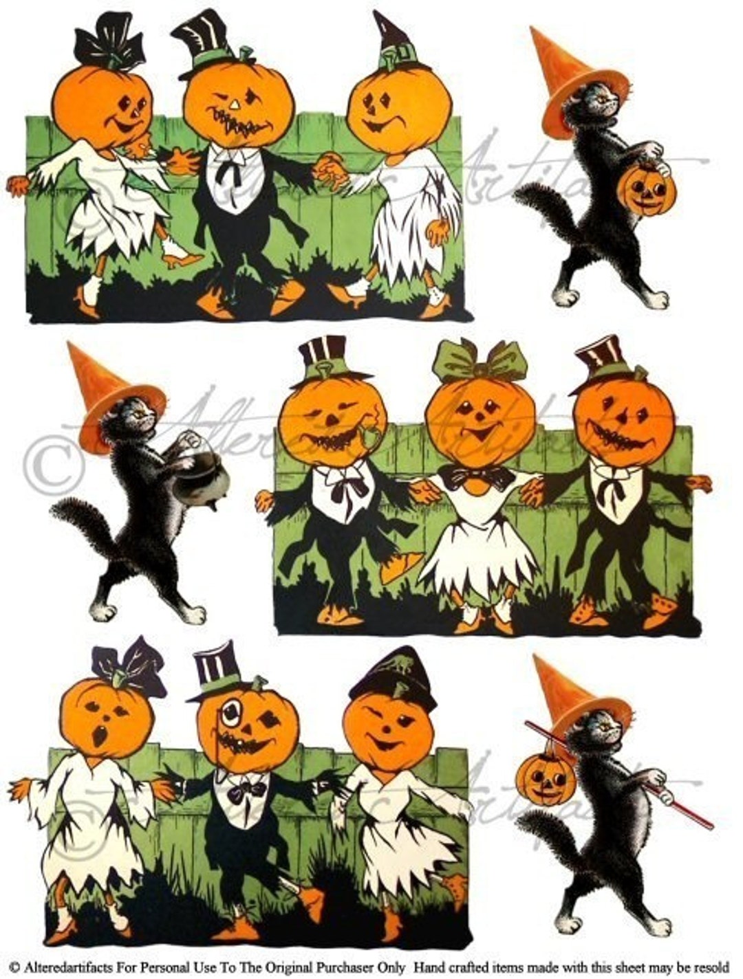 Printable Vintage Halloween Clip Art Pumpkin Dance Party Retro Scraps ...