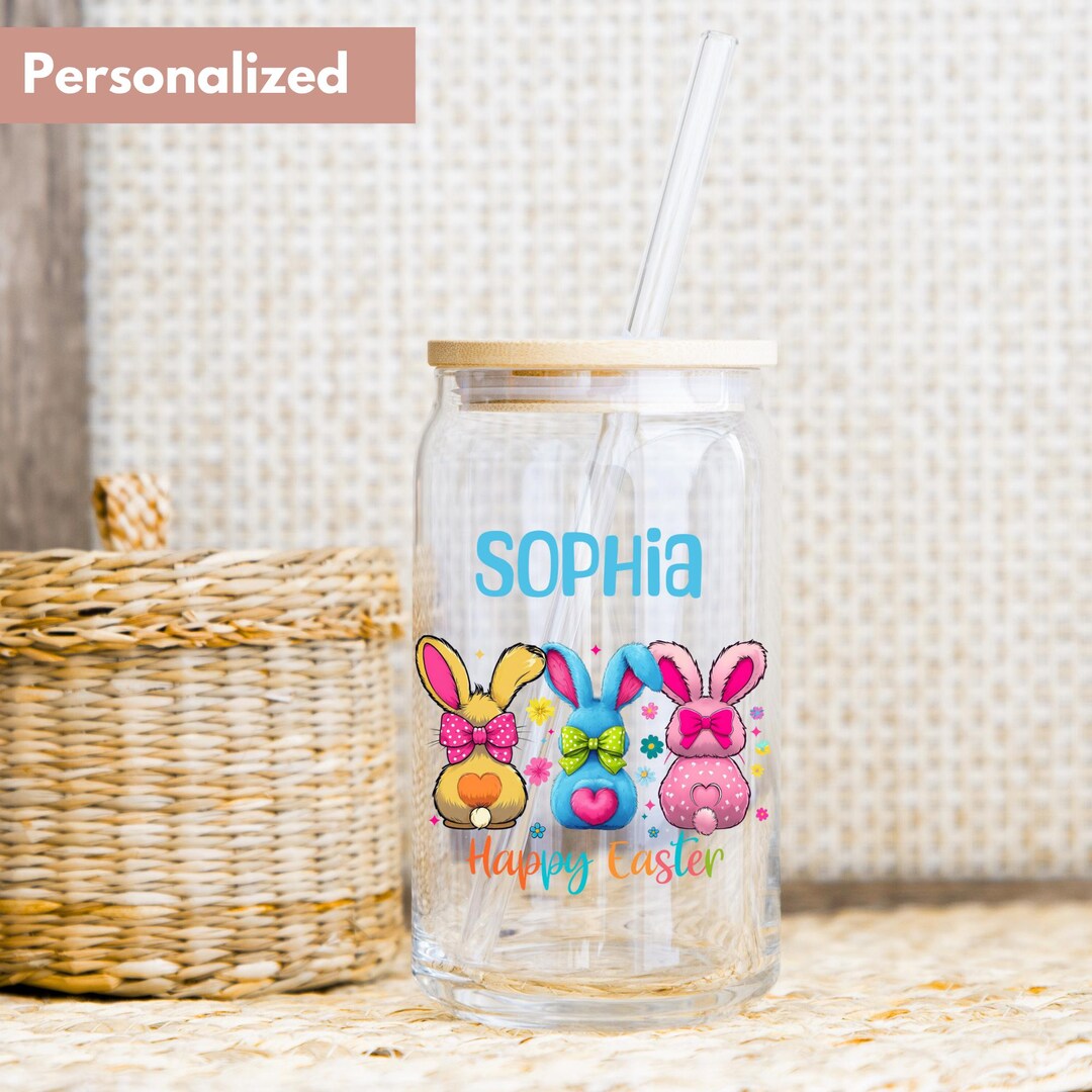 Easter Bunny Personalized Sipper Glass, Colorful 16oz Tumbler, Gift for ...