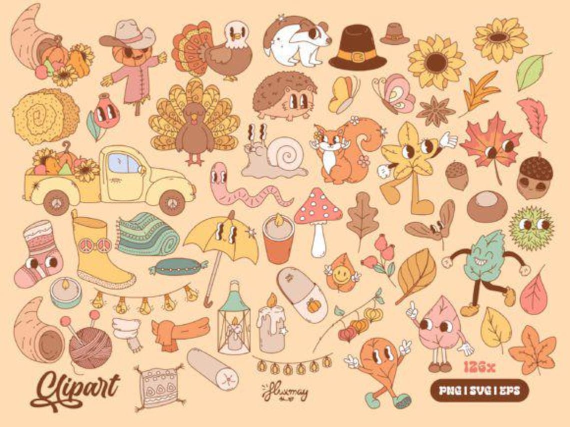 Groovy Retro Thanksgiving Autumn Bundle Clipart Svg Png Eps - Etsy