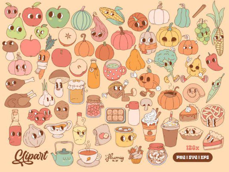 Groovy Retro Thanksgiving Autumn Bundle Clipart Svg Png Eps - Etsy