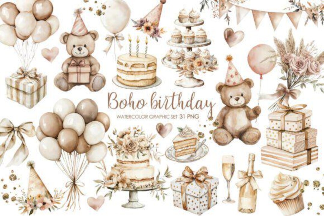 Beige Boho Birthday Bundle Party Clipart Png Images Watercolor - Etsy