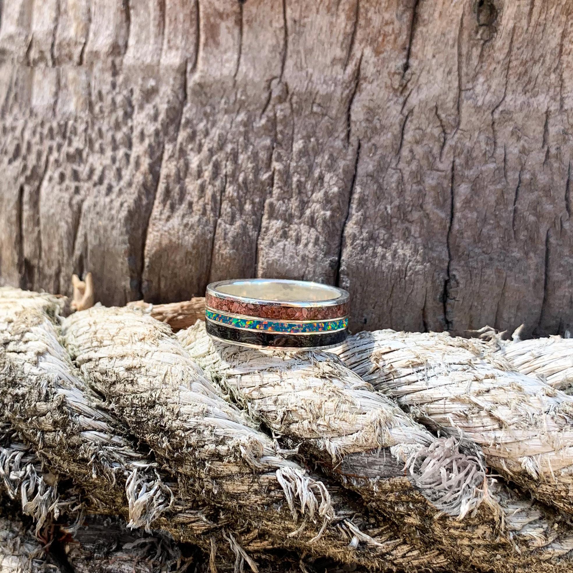 FOSSIL RING: Brontosaurus Dinosaur Bone, Megalodon Tooth, Fire Opal ...