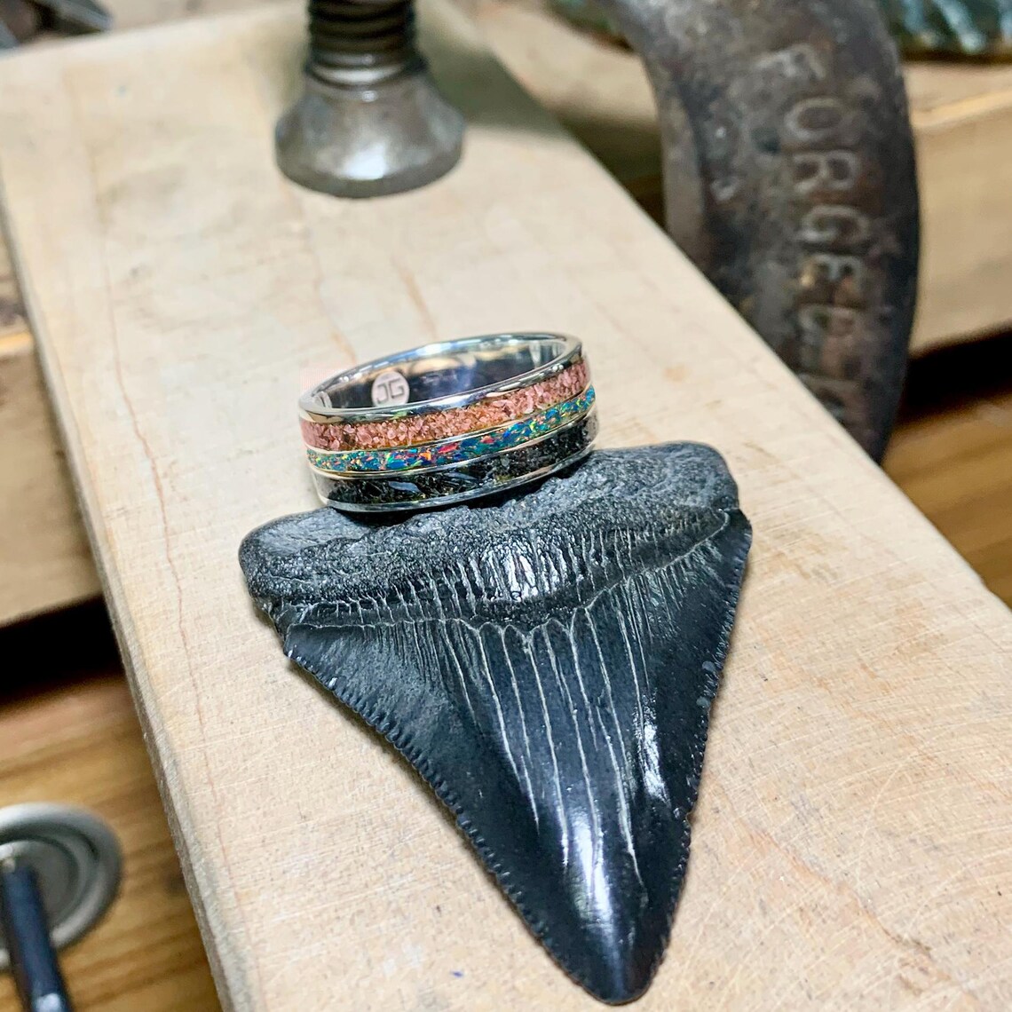 FOSSIL RING: Brontosaurus Dinosaur Bone, Megalodon Tooth, Fire Opal ...