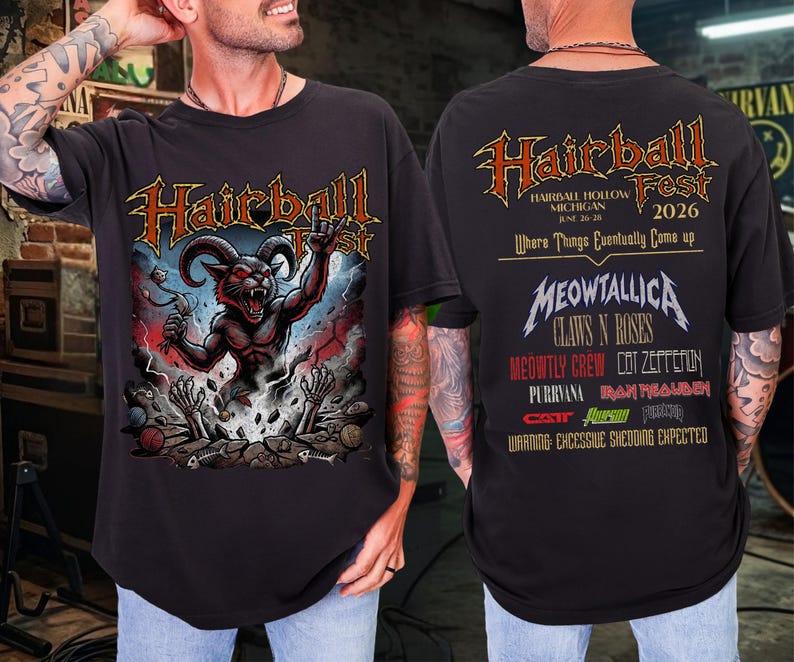 Hairball Fest 2026 Shirt, Funny Rock Cat Festival Tee, Cat Metal Band ...