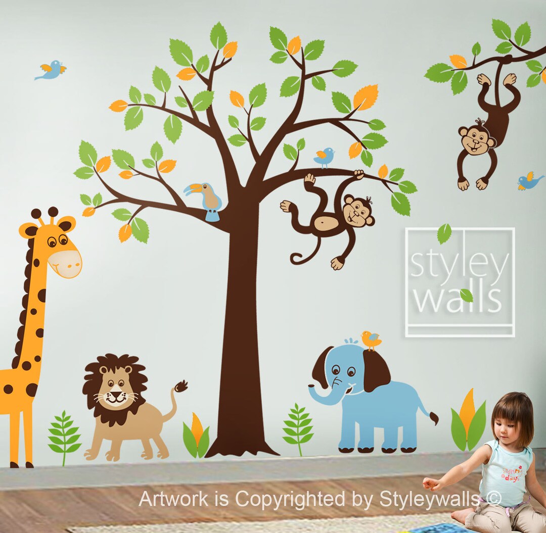 Jungle Tree Wall Decal, Jungle Animals Wall Decal, Safari Animals Wall ...