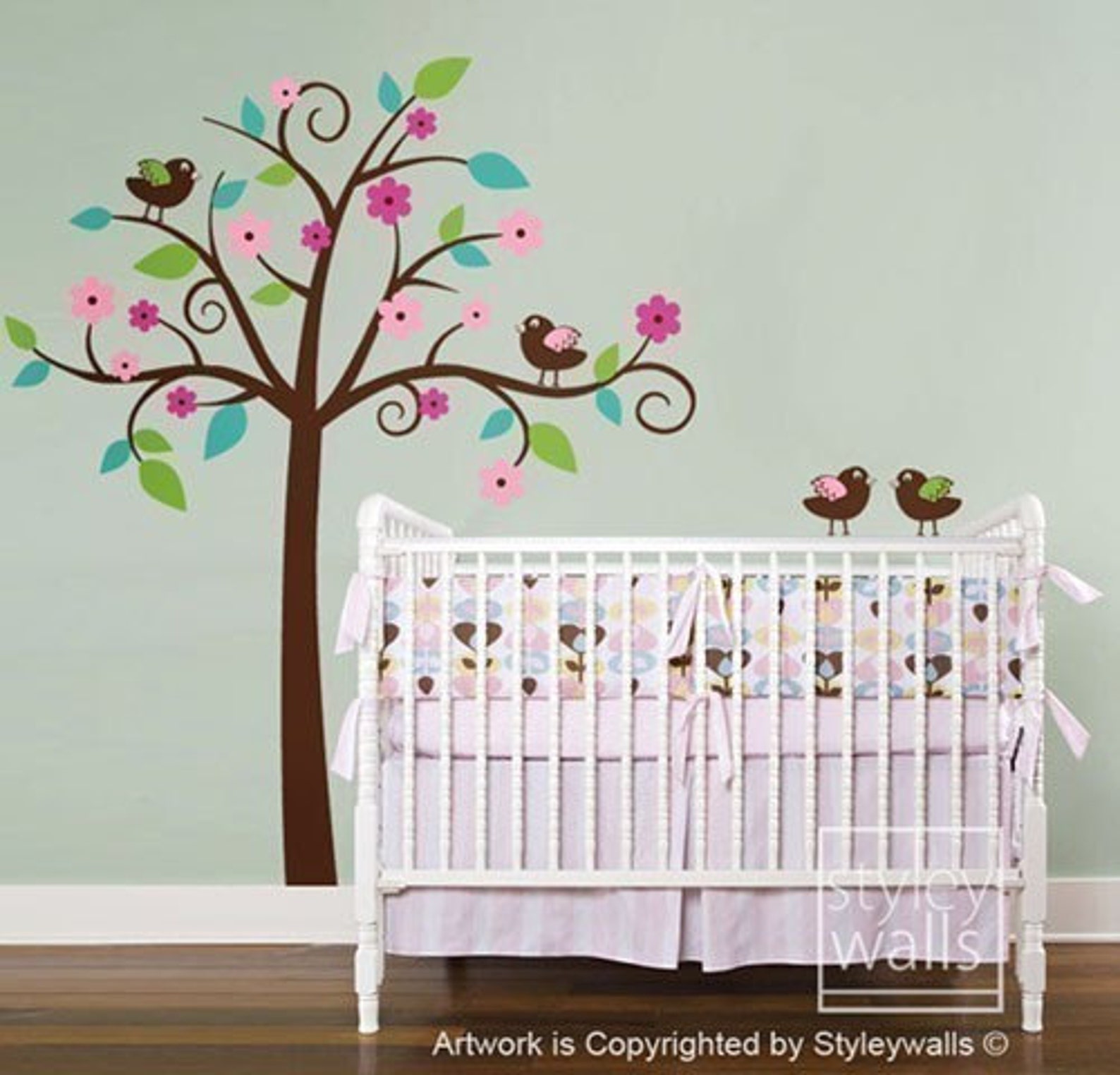 Birds Tree Wall Decal Whimsical Flower Tree With Love Birds - Etsy