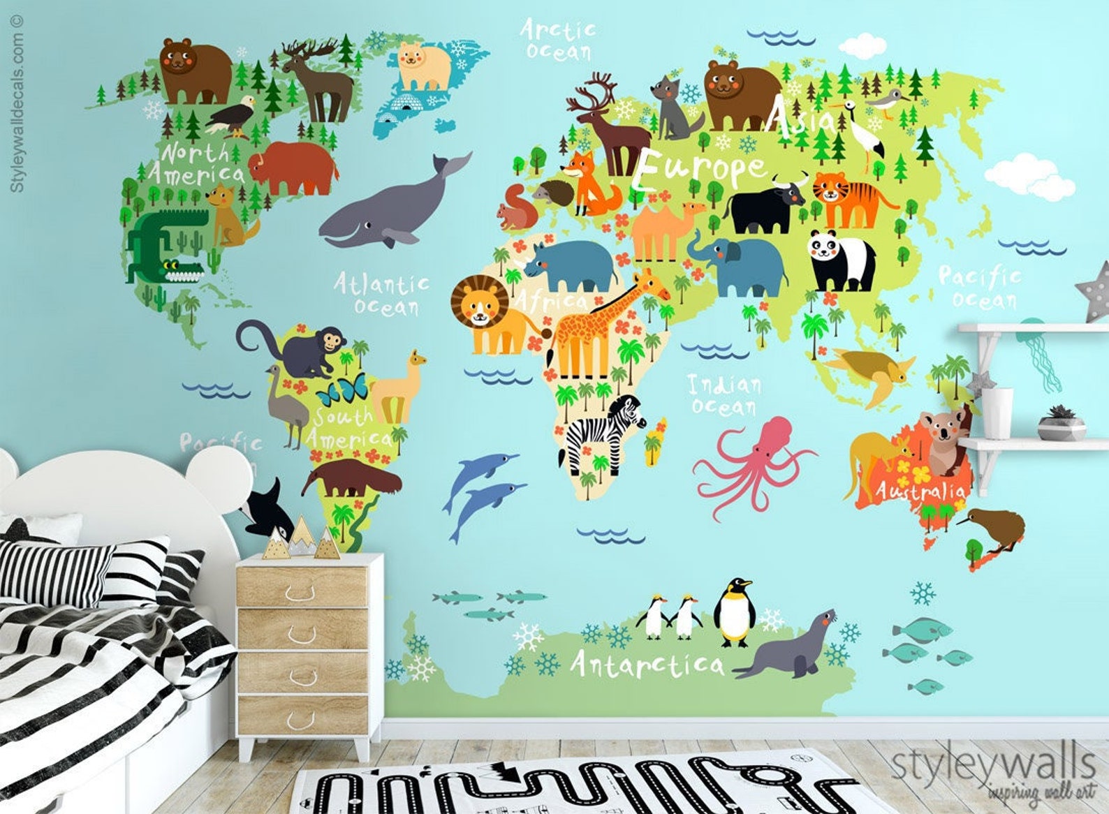 World Map Wall Mural Kids Map Wallpaper Word Map With - Etsy