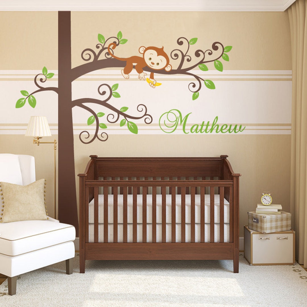 Monkey Wall Decal, Monkey and Tree Wall Decal, Jungle Wall Decal ...