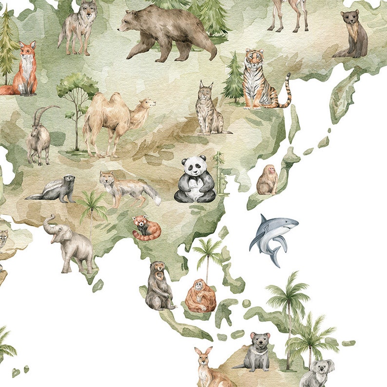 World Map Wall Decal Animals World Map Wall Sticker for Kids - Etsy