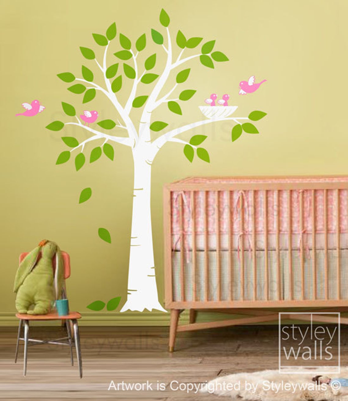 Tree Wall Decal, Tree With Bird Nest and Birds Nursery Vinyl Wall Decal ...