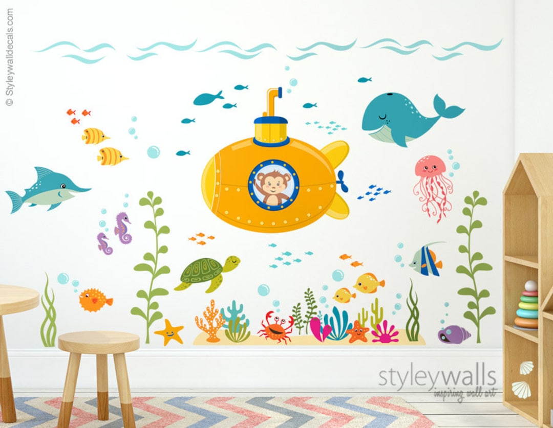 Submarine Wall Decal, Under the Sea Wall Decal, Monkey and Fishes Wall ...
