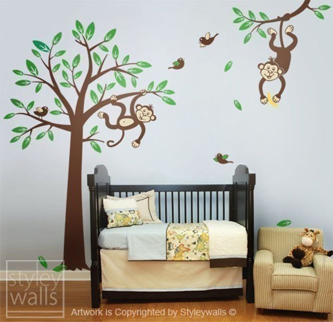 Monkey Tree Wall Decal- 2 Monkeys Swinging From Branch and Tree With ...