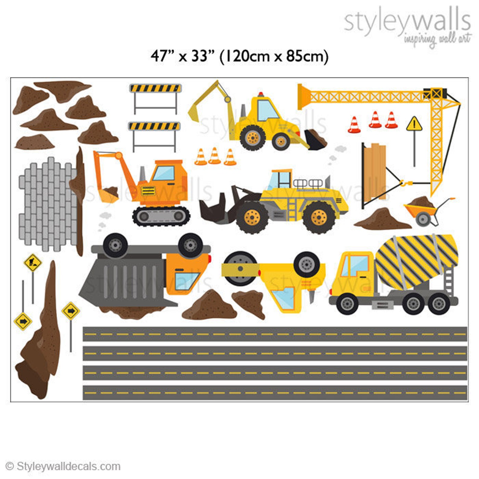 Construction Vehicles Wall Decal, Construction Site Wall Decal Sticker ...