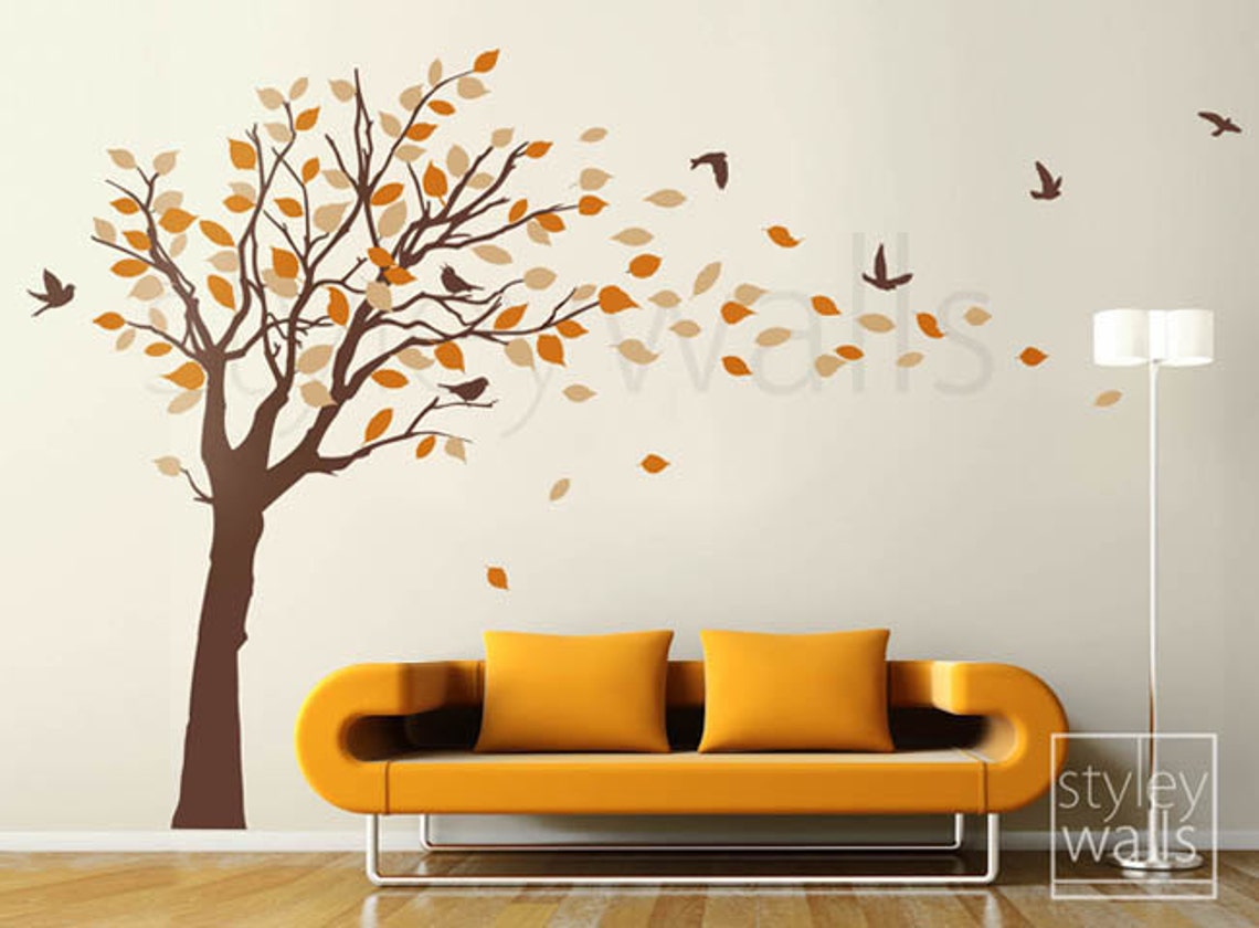 Tree Decal Wall Sticker Tree With Birds and Leaves Blowing in - Etsy