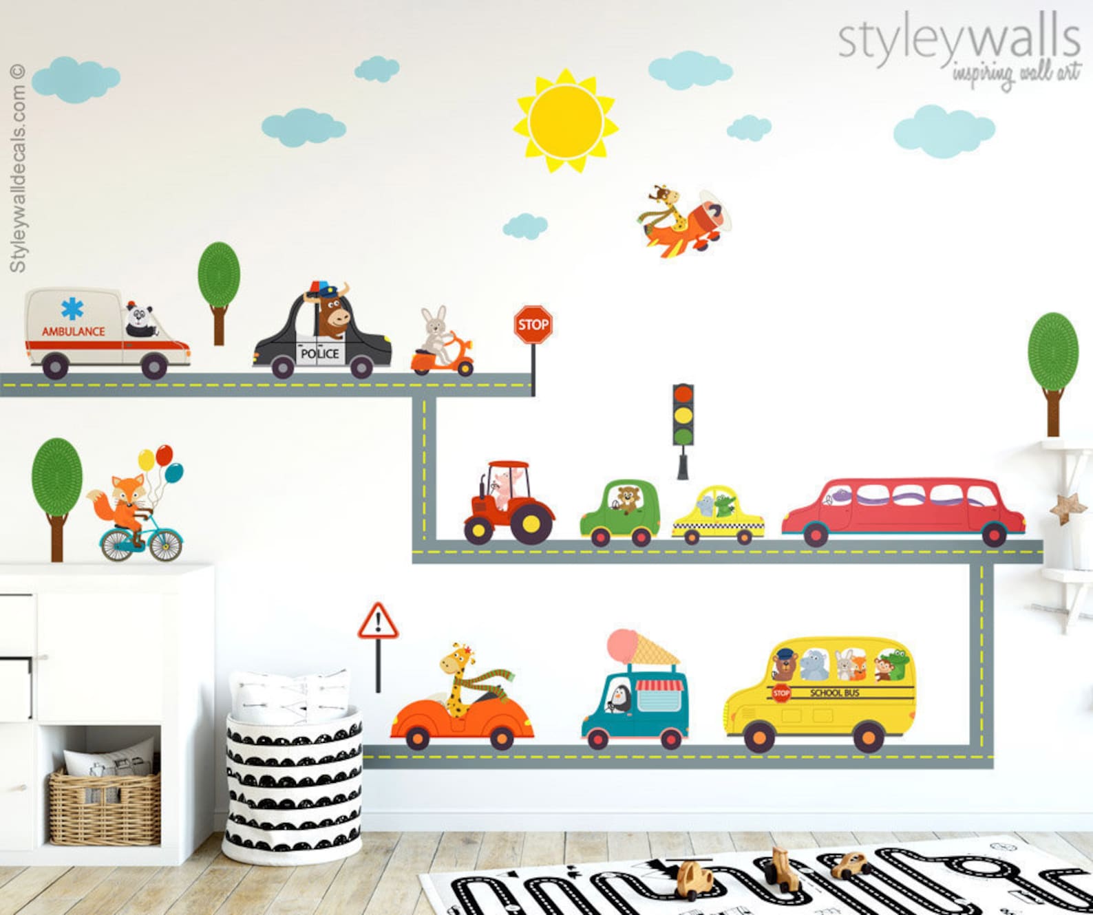 Transportation Wall Decal, Vehicles and Animals Wall Sticker, Car Bus ...