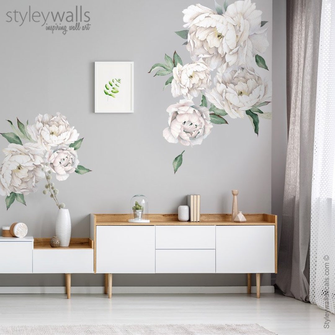 Peony Flowers Wall Decal, White Peony Wall Sticker, Watercolor Vintage ...