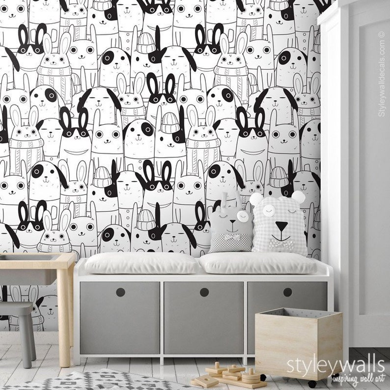 Rabbits Wallpaper Kids Room Wallpaper Animals Repositionable | Etsy