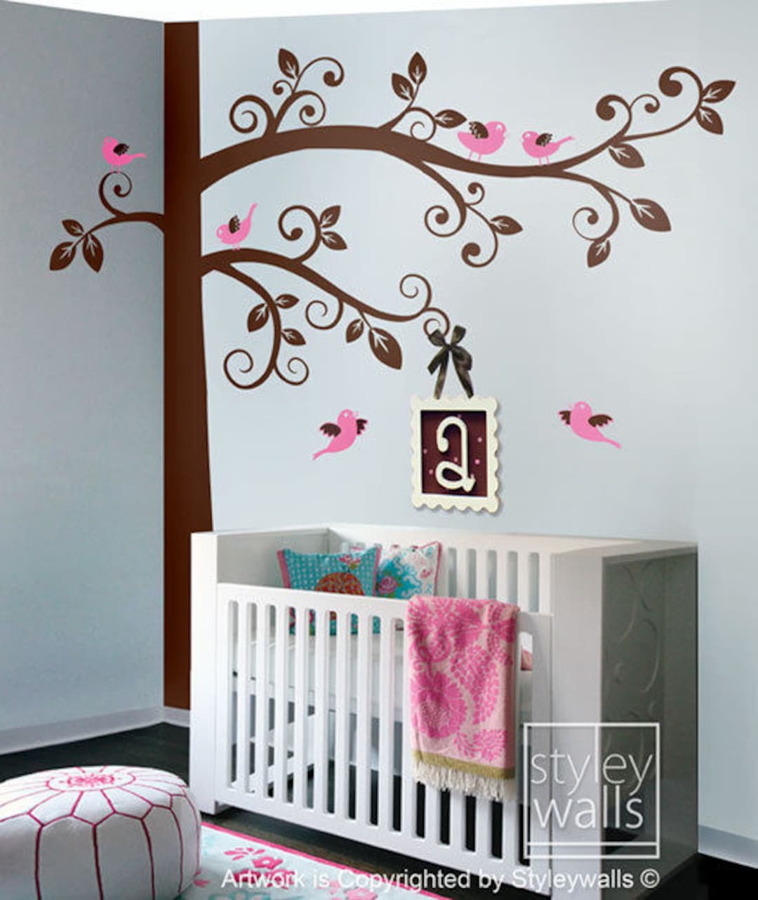 Corner Tree Wall Decal, Swirly Tree With Birds Wall Decal, Corner Tree ...