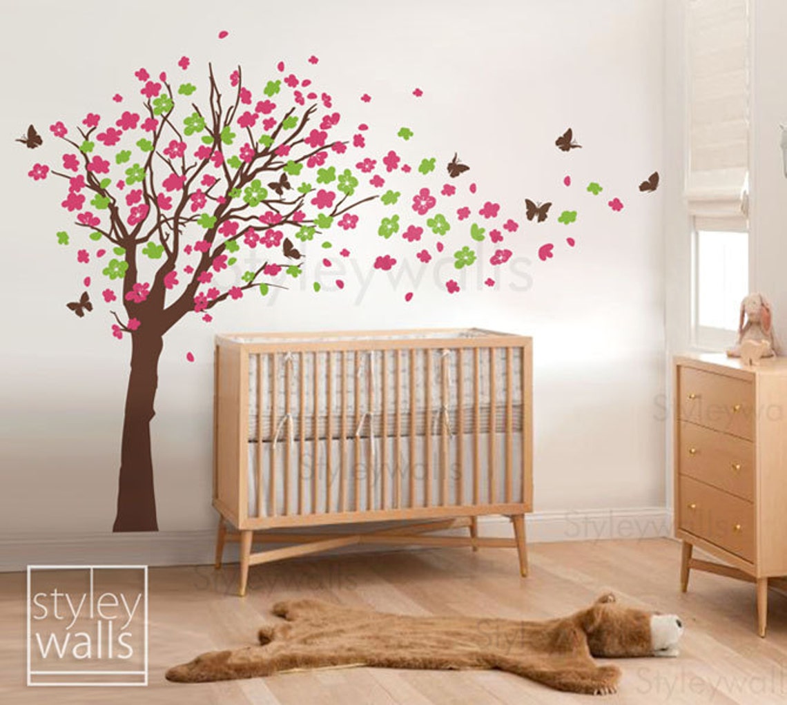 Flower Tree Wall Decal Tree and Butterflies in the Wind Wall - Etsy