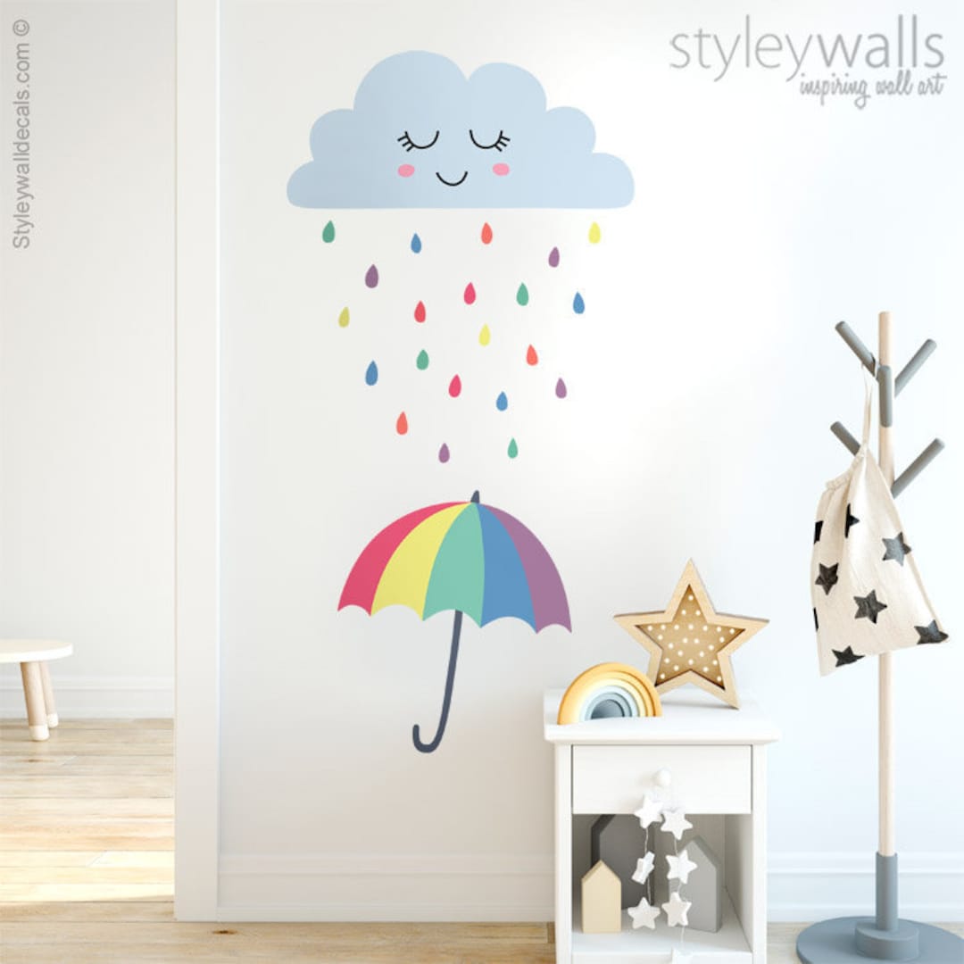 Cloud Wall Decal, Raindrops Wall Decal, Weather Wall Decal, Rain Drops ...