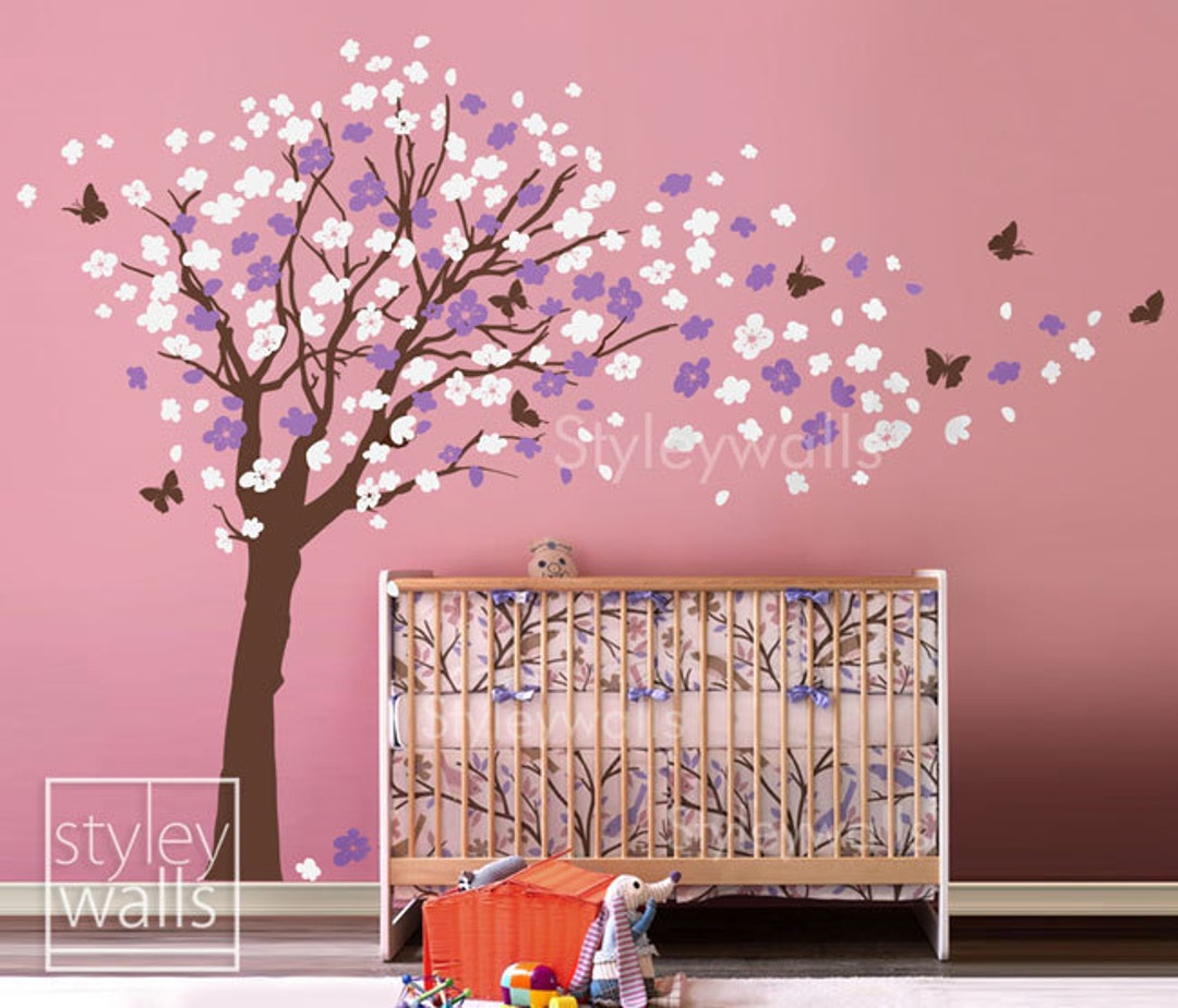 Flower Tree Wall Decal Tree and Butterflies in the Wind Wall Decal ...
