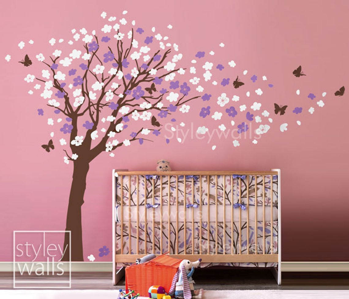 Flower Tree Wall Decal Tree and Butterflies in the Wind Wall - Etsy