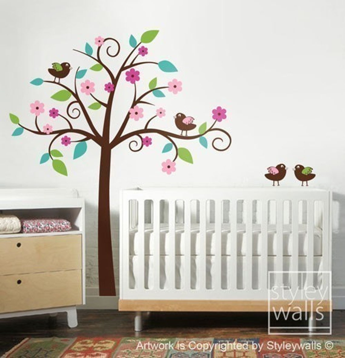 Birds Tree Wall Decal Whimsical Flower Tree With Love Birds - Etsy