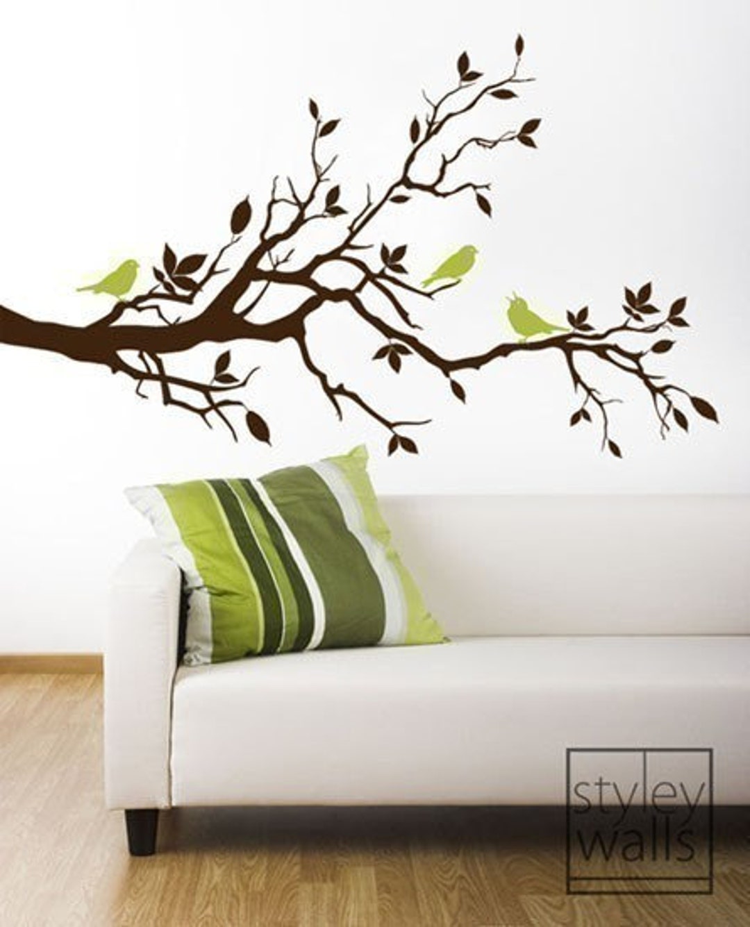 Tree Branch Wall Decal-love Birds on Branch With Leaves - Vinyl Wall ...