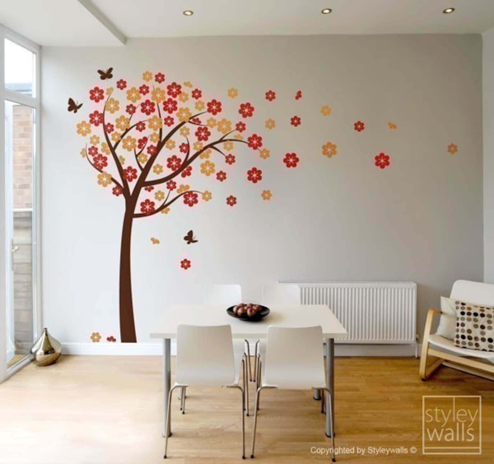 Cherry Blossom Wall Decal, Blooming Cherry Tree and Butterflies Wall ...