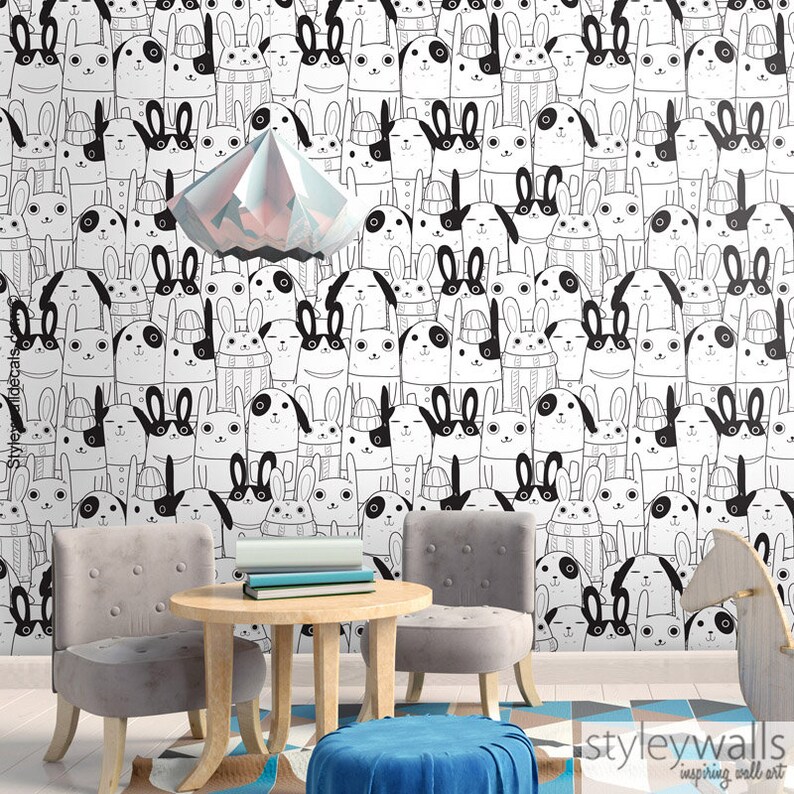 Rabbits Wallpaper Kids Room Wallpaper Animals Repositionable | Etsy