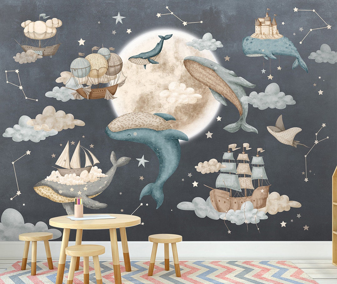 Whales Mural for Kids Room, Nautical Sailing Ships Wallpaper for ...