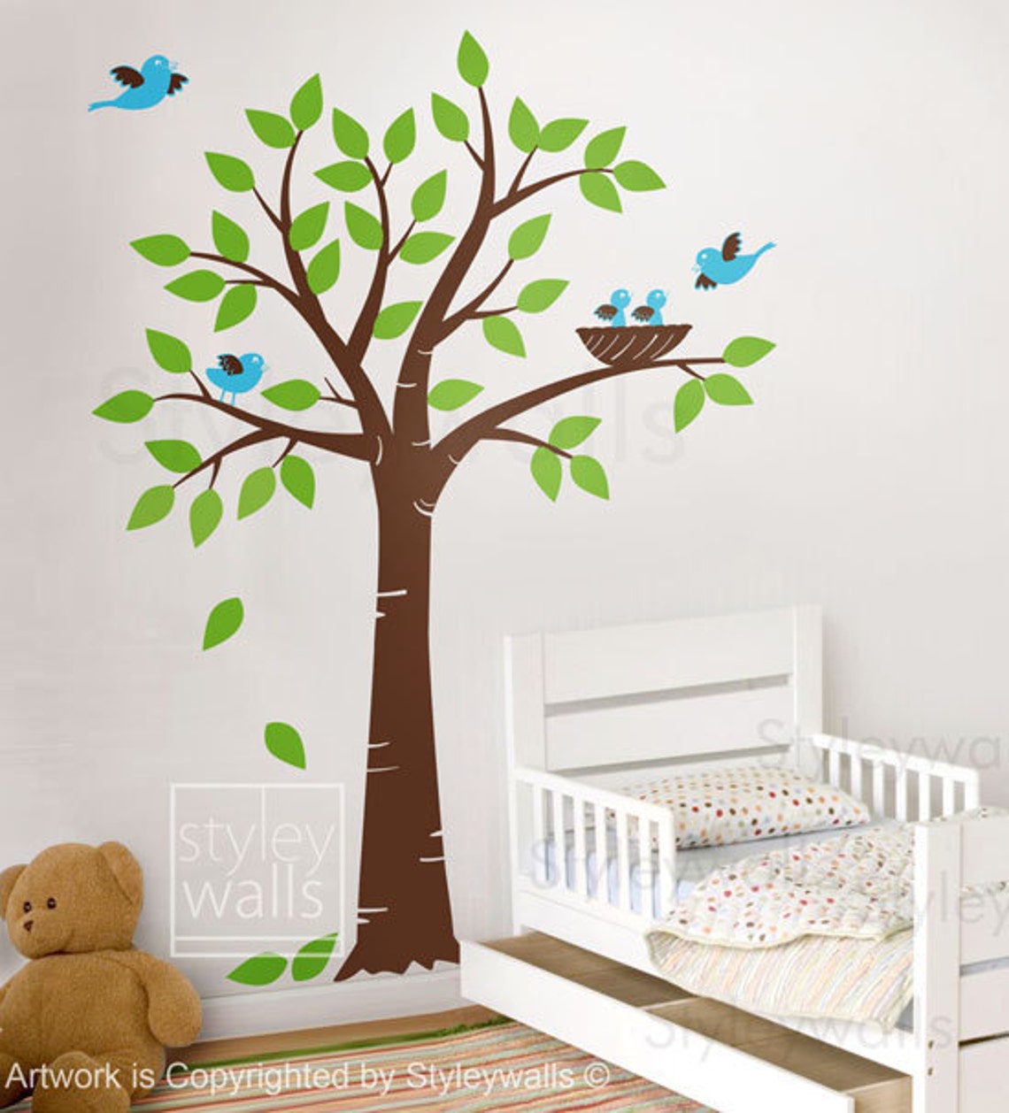 Tree Wall Decal, Tree With Bird Nest and Birds Nursery Vinyl Wall Decal ...