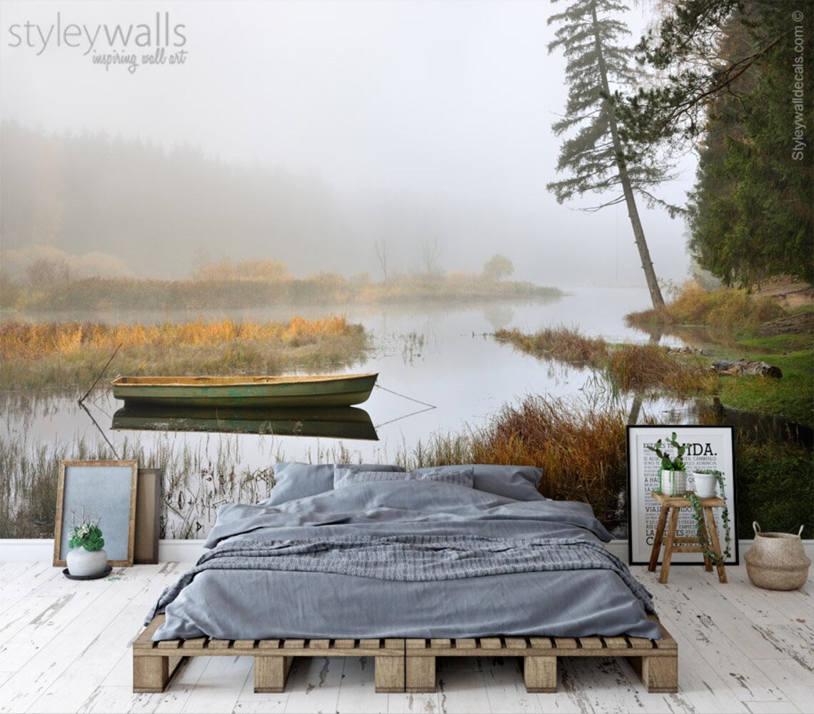 Boat in Lake Mural, Nature Mural, Forest Trees Repositionable Removable ...