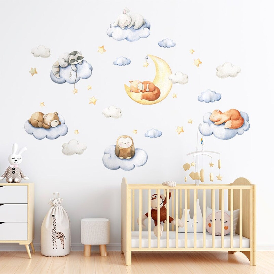 Cute Animals Wall Decal, Sleeping Animals Clouds Moon and Stars Wall ...